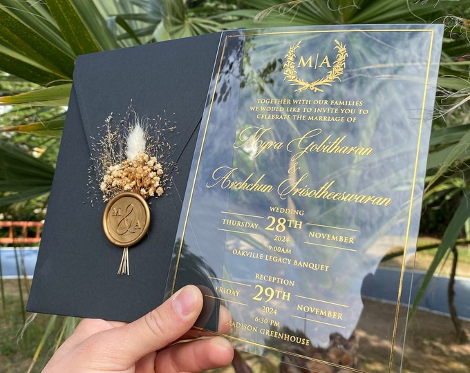 Unique Acrylic Invitation With Gold Print Envelope Floral Lines Black ...