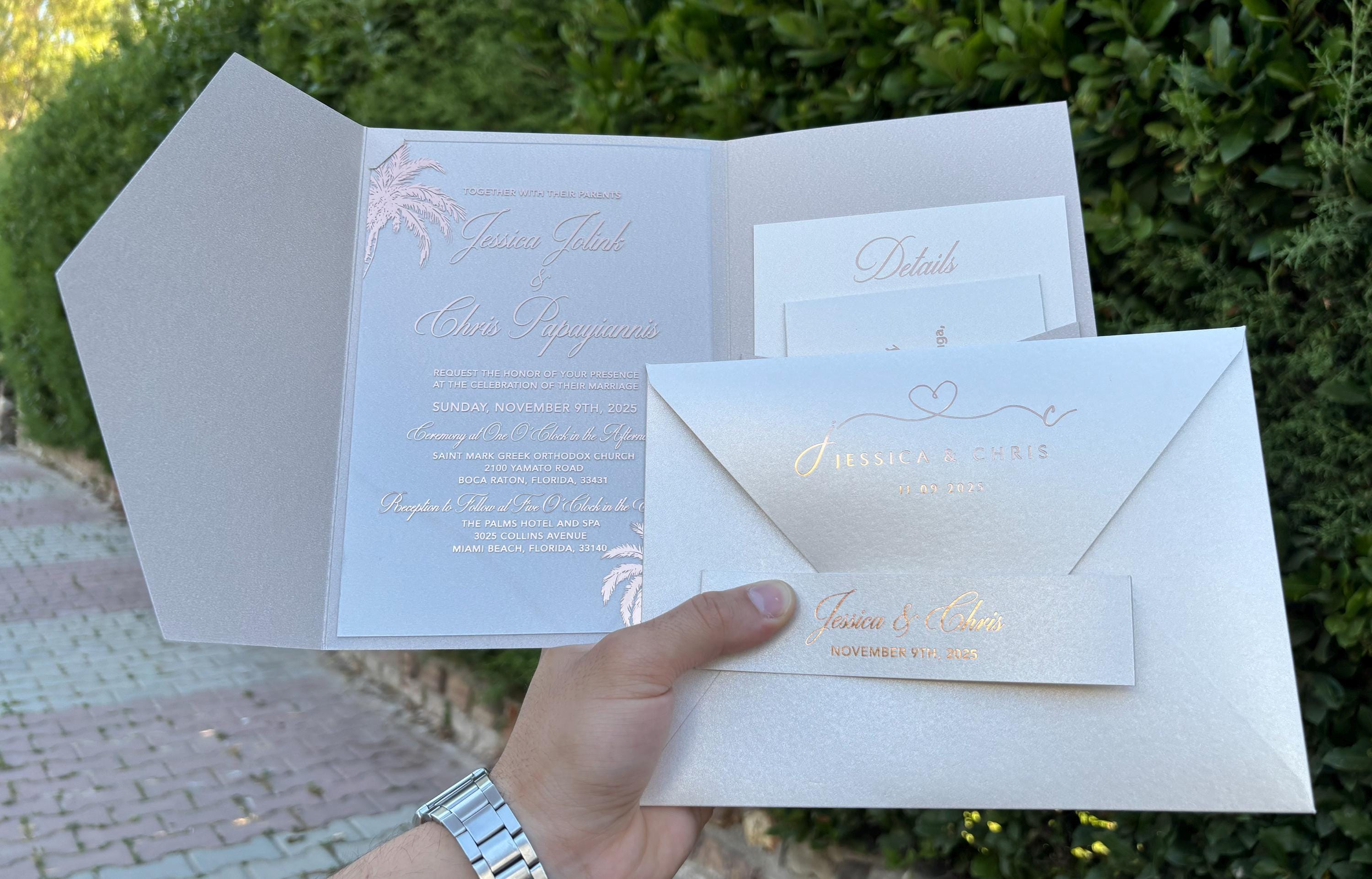 Acrylic Wedding Invitation Set: Sand Pearlescent Envelope, Rose Gold ...