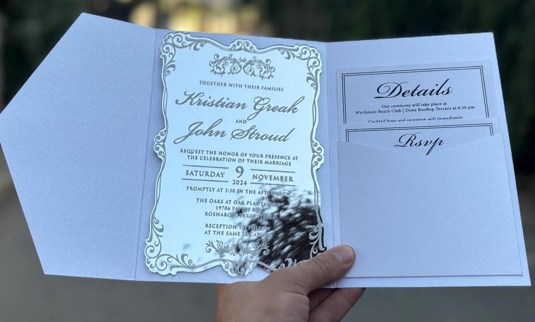 Custom Cut Silver Mirrored Wedding Invitation, Silver Mirrored Wedding ...