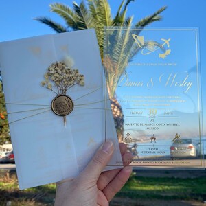 Clear Acrylic Wedding Invitation: Gold Foil, Parchment Wrap & Wax Seal ...