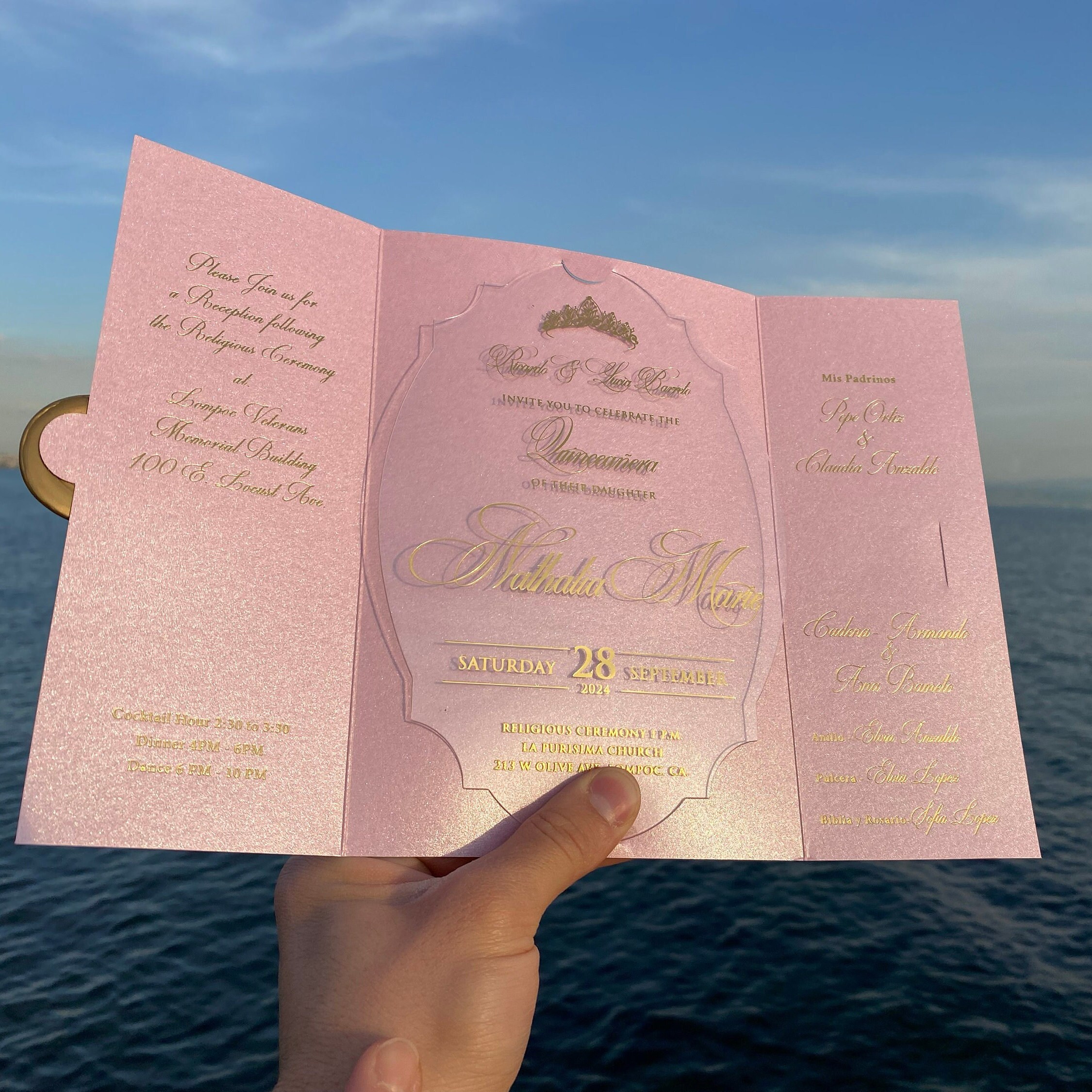 Acrylic Quinceañera Invitation: Pink Pearlescent Folder, Gold Foil - Etsy
