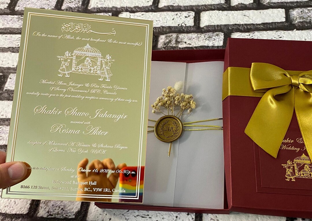 Gold Mirrored Wedding Invitation, Burgundy Invitation Box, Mirrored ...