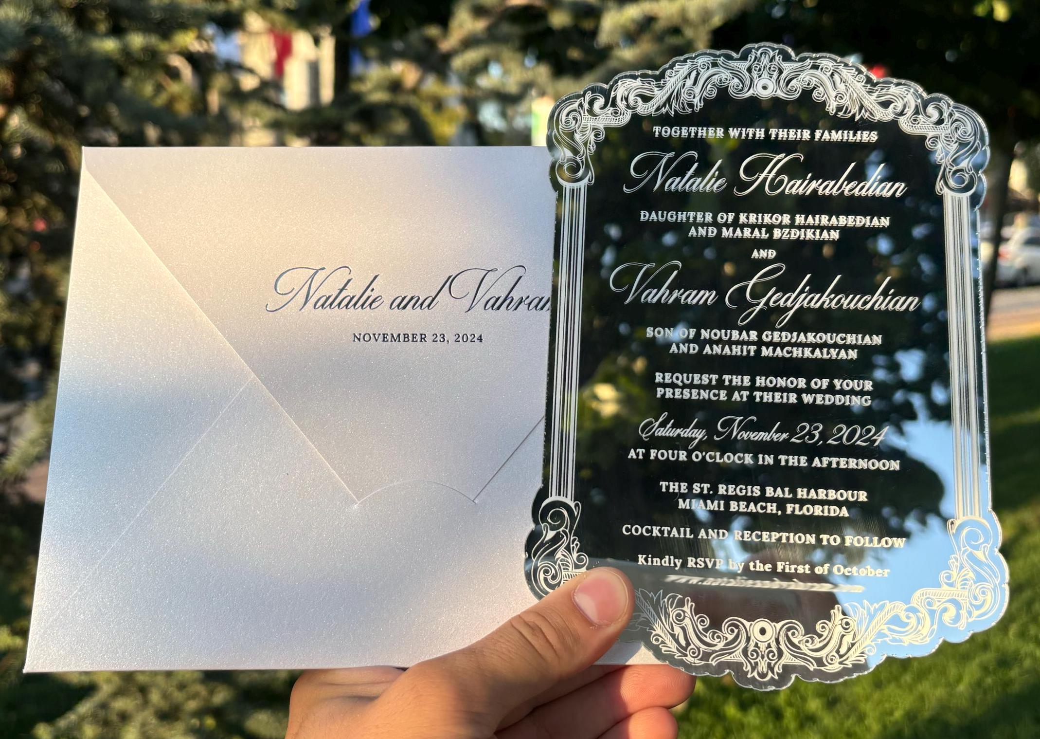 Custom Silver Mirrored Wedding Invitation: White Pearlescent Envelope ...
