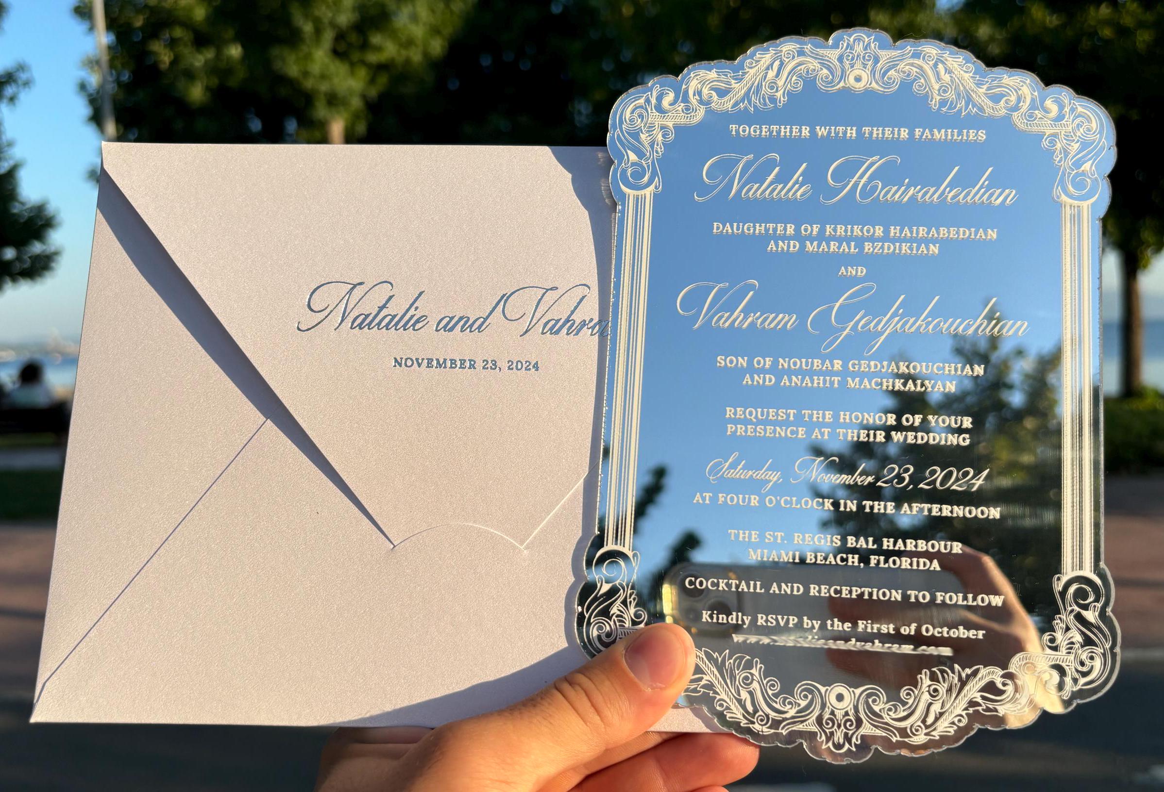 Custom Silver Mirrored Wedding Invitation: White Pearlescent Envelope ...