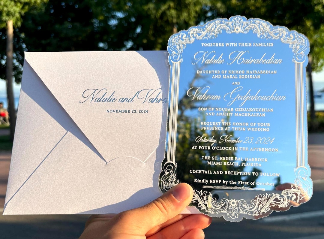 Custom Silver Mirrored Wedding Invitation: White Pearlescent Envelope ...