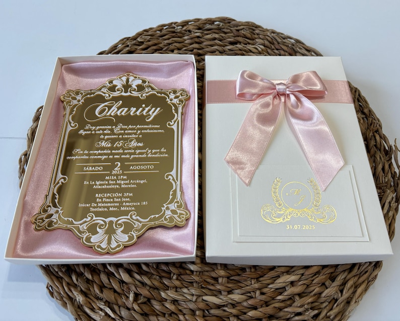 Gold Mirrored Quinceañera Invitation: Pink Ribbon, Satin Box - Etsy
