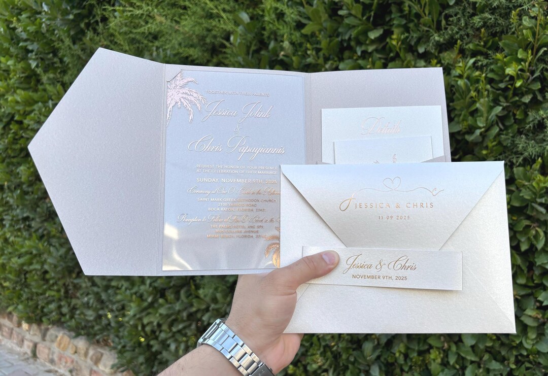 Rose Gold Foil Acrylic Wedding Invitation Set: Sand Pearlescent ...