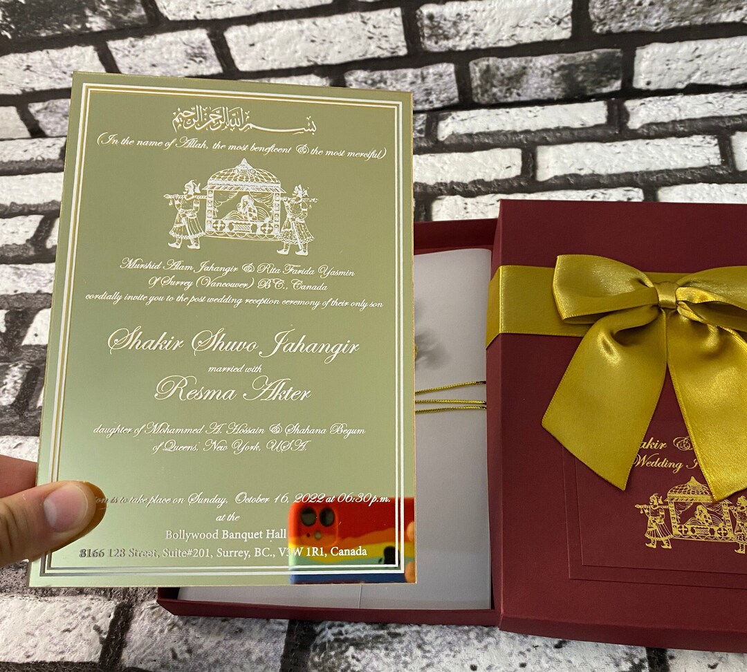 Gold Mirrored Wedding Invitation, Burgundy Invitation Box, Mirrored ...