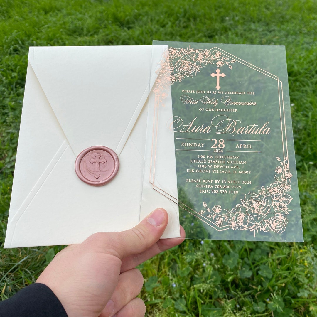 Rose Gold Foil Printed Acrylic Baptism Invitation With Ivory Envelope ...