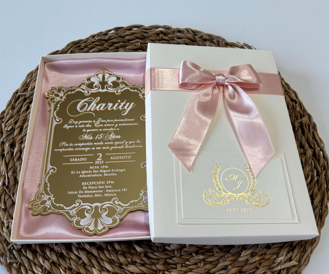 Gold Mirrored Quinceañera Invitation: Pink Ribbon, Satin Box - Etsy