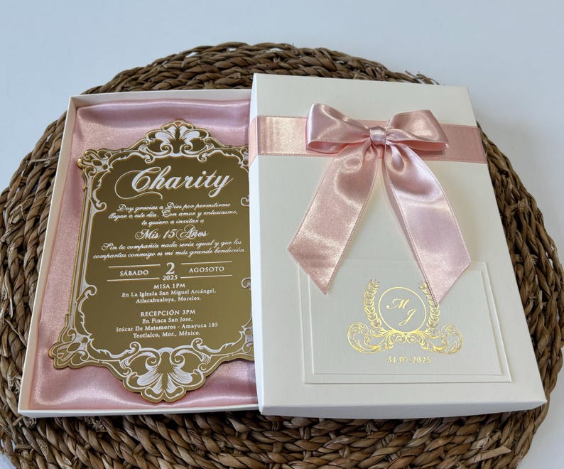 Gold Mirrored Quinceañera Invitation: Pink Ribbon, Satin Box - Etsy