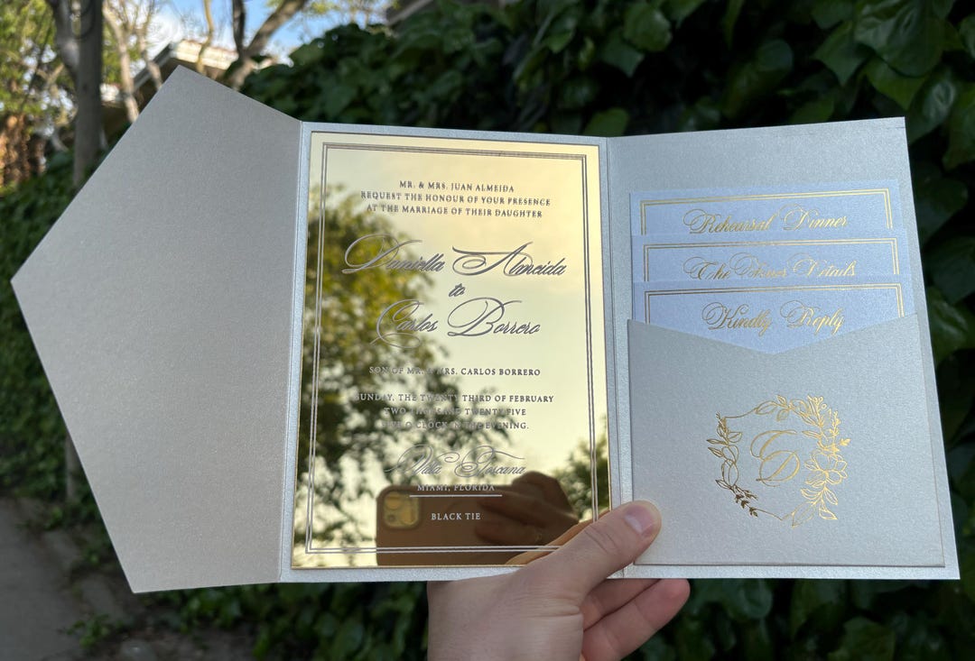 Gold Mirrored Wedding Invitation Set: Ivory Pearl Envelope, Foil ...
