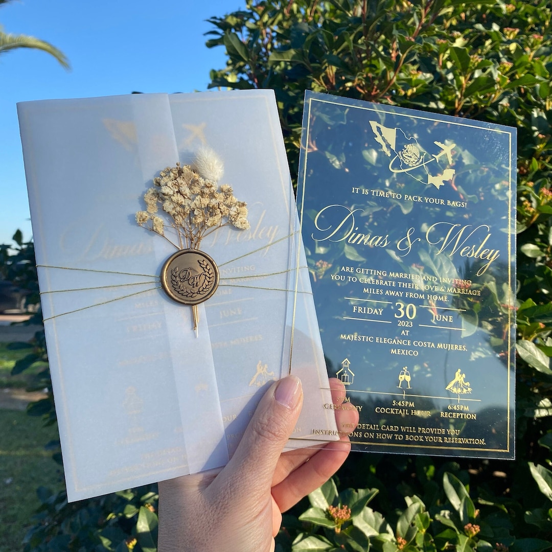 Acrylic Wedding Invitation, Parchment Wrap, Gold Foil Printing, Wax ...
