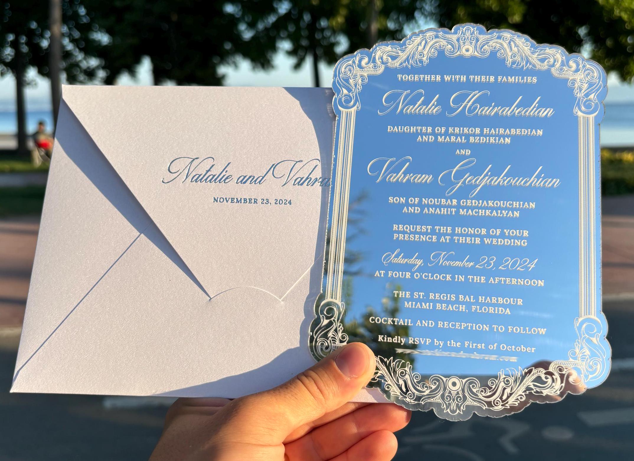 Custom Silver Mirrored Wedding Invitation: White Pearlescent Envelope ...