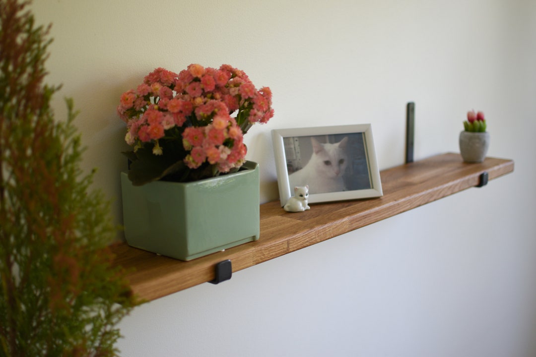Handmade Wall Shelf With Steel Shelf Brackets | Slim Minimalist Oak ...