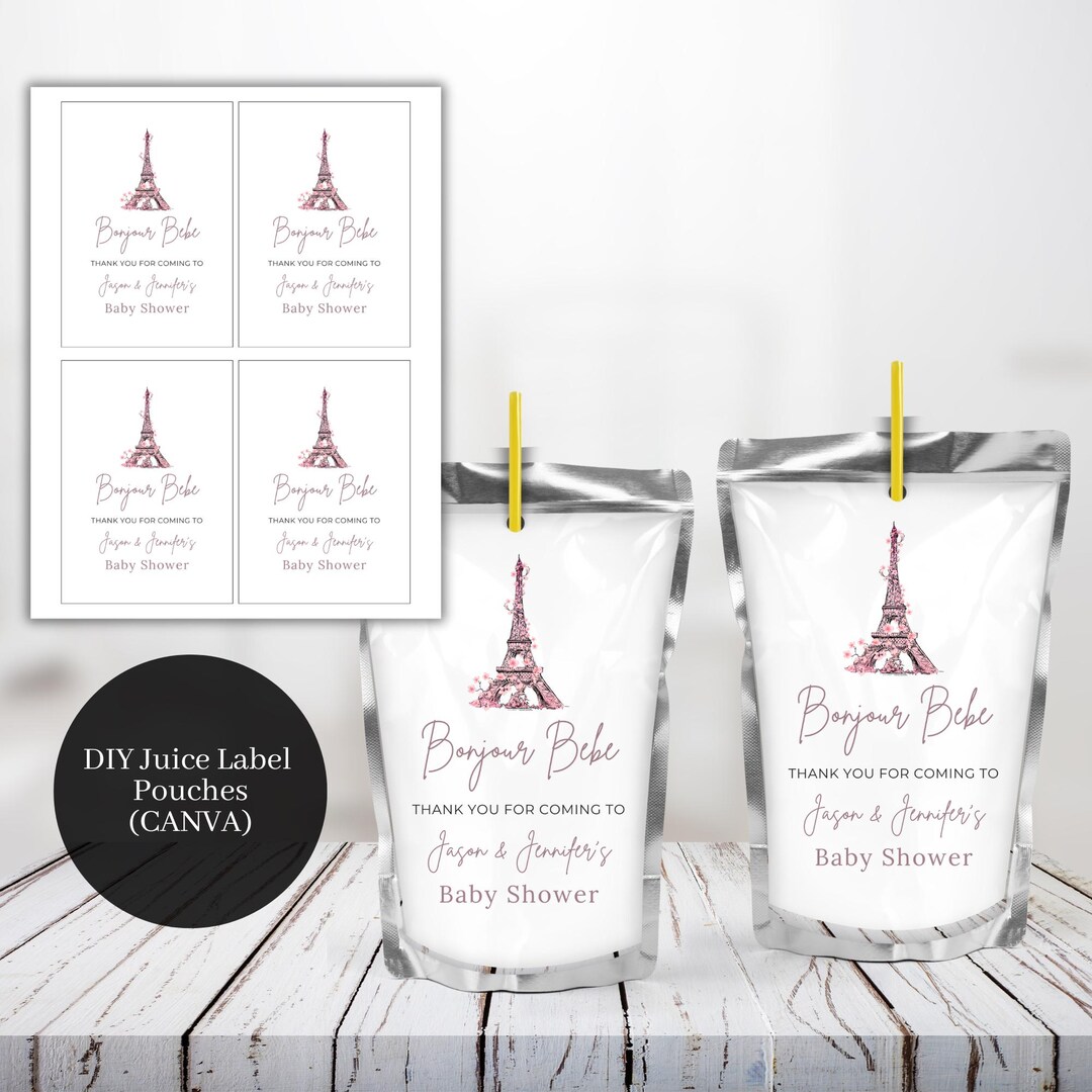 Editable Printable Paris Themed Baby Shower Juice Pouch Labels, French ...