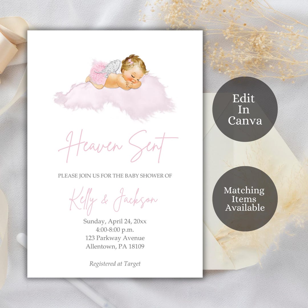 Editable Heaven Sent Baby Shower Invitation, Baby Girl Heaven Sent Baby ...
