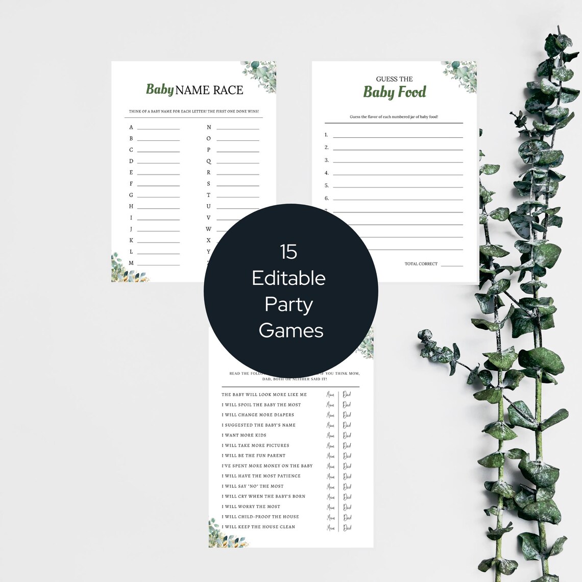 Editable Greenery Baby Shower Game Bundle Templates, Greenery Baby ...