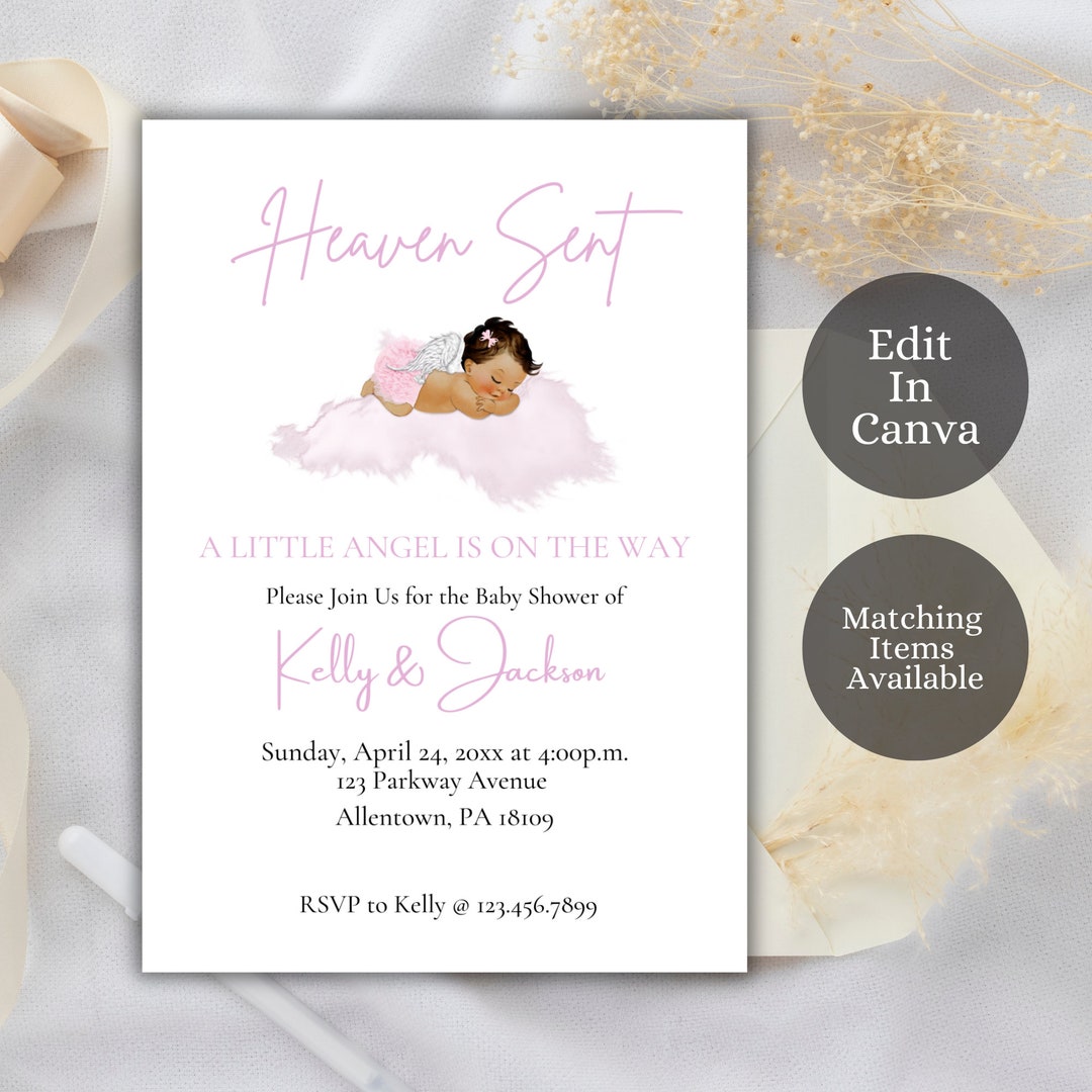 Editable Heaven-sent Baby Shower Invitation, Baby Girl Heaven Sent Baby ...