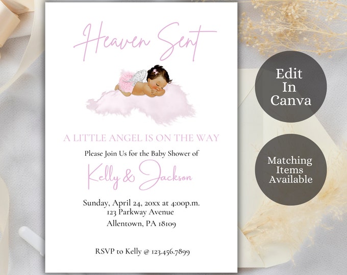 Heaven Sent Baby Shower Invitation, Baby Shower Invitation, Angel Wings ...