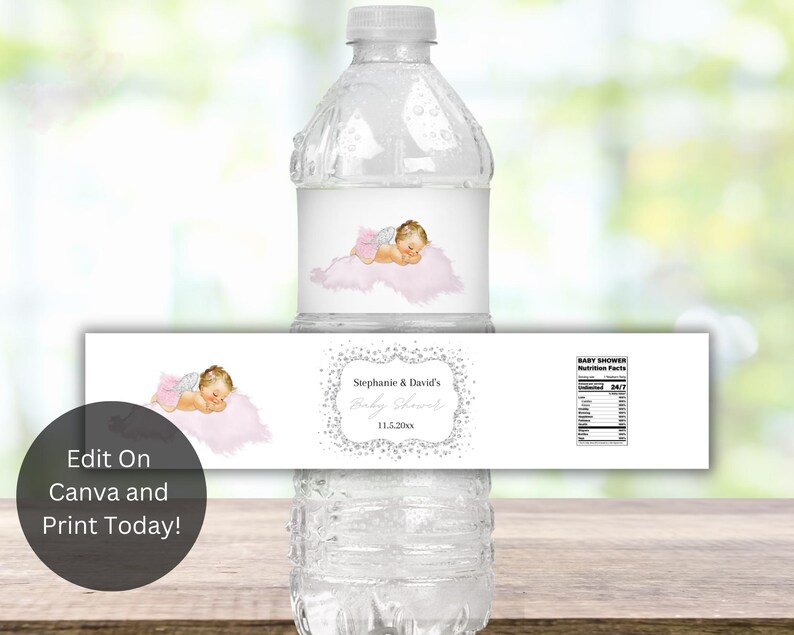 Editable Heaven Sent Angel Clouds Water Bottle Label Template, Pink ...