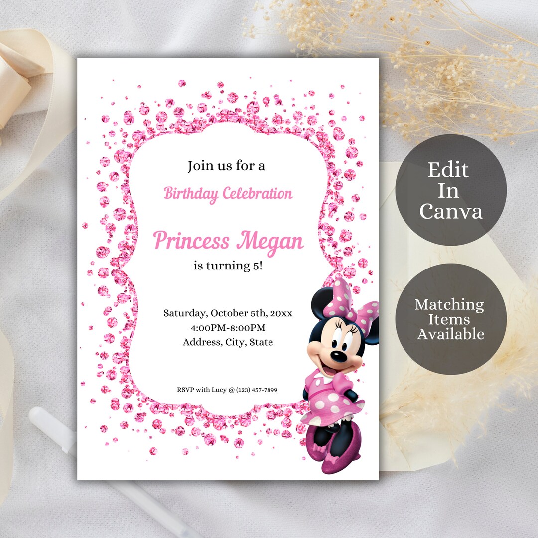 Invitación de cumpleaños editable de Minnie Mouse, brillo rosa, invitación de cumpleaños de ...