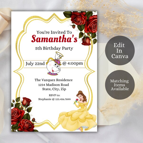 Princess Belle Invitation Editable - Etsy
