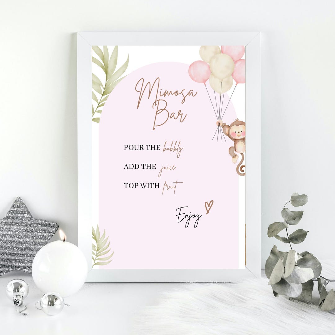 Editable Baby Shower Mimosa Bubbly Sign, Pink Monkey Themed Baby Shower ...