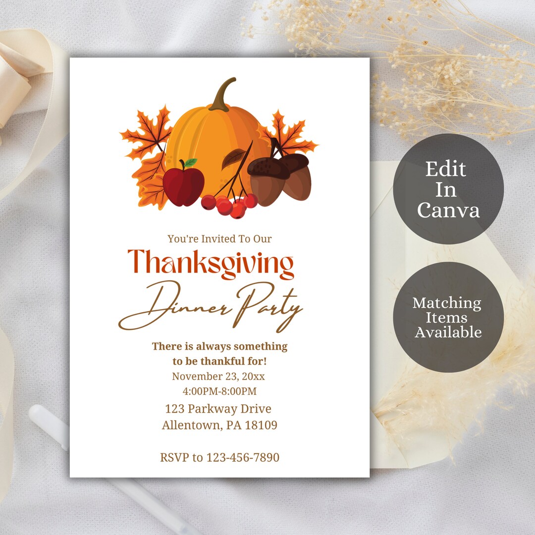 Editable Fall Thanksgiving Dinner Invitation, Pumpkin Fall Leaves ...