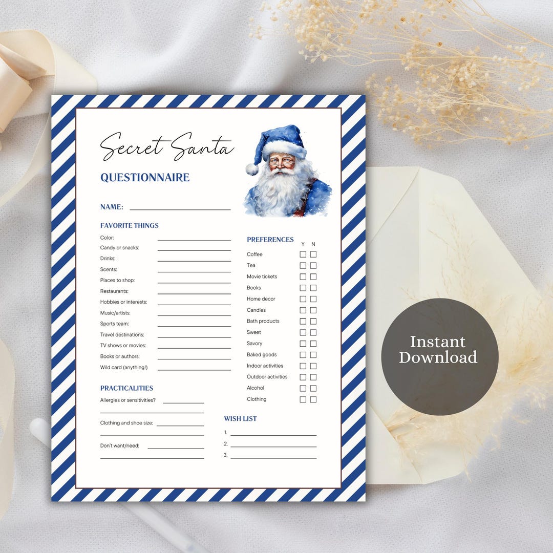 Secret Santa Questionnaire Printable, Blue Santa, Secret Santa Fillable ...