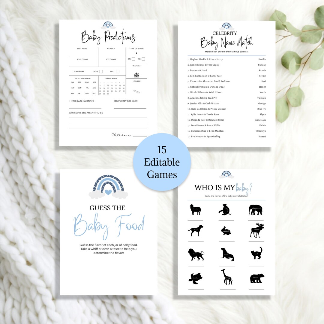 Blue Boho Rainbow Baby Shower Game Bundle Templates, Boho Rainbow Baby ...