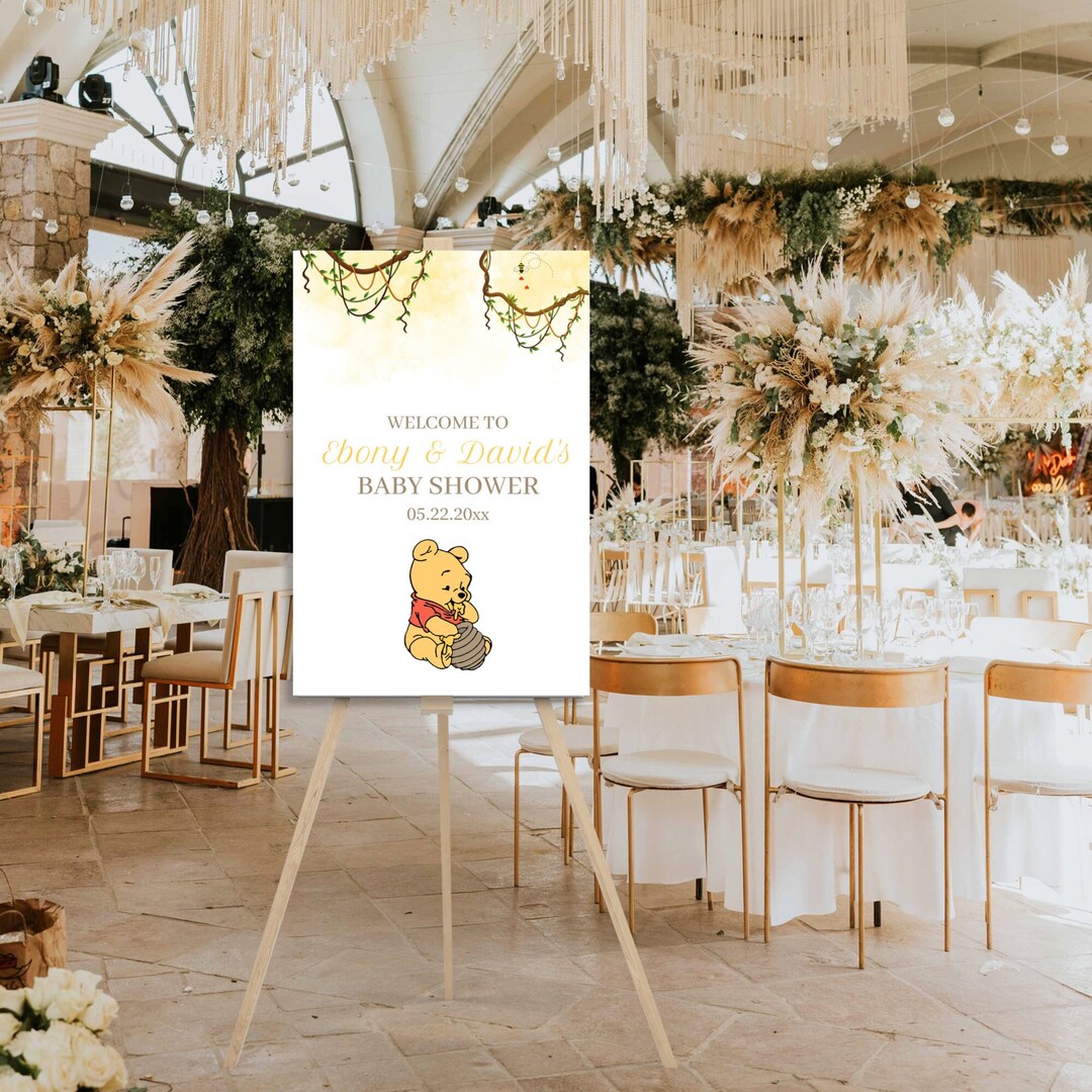 Editable Pooh Bear Baby Shower Sign, Printable Baby Shower Party Sign ...