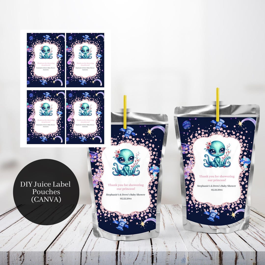 Printable Juice Labels, Alien Outerspace UFO Baby Shower, Baby Girl ...