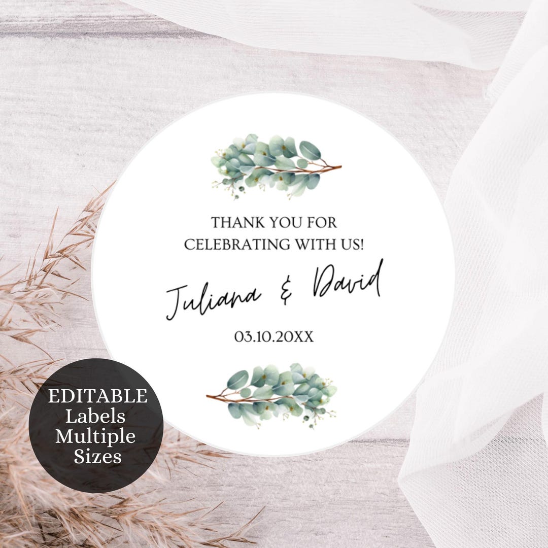 EDITABLE Round Wedding Label Template, Greenery Eucalyptus Wedding ...