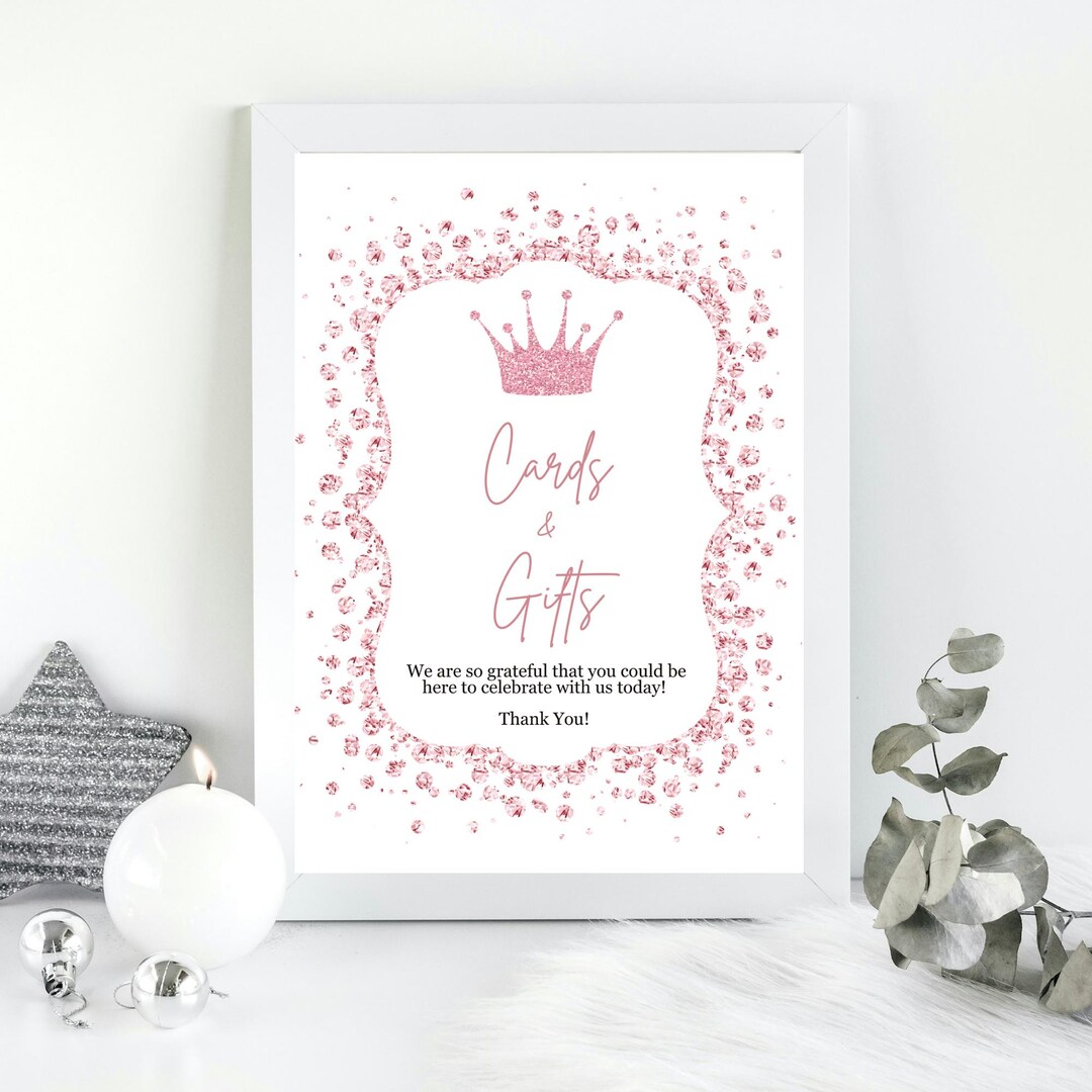 Editable Pink Glam Royal Princess Baby Shower Cards and Gifts Sign ...