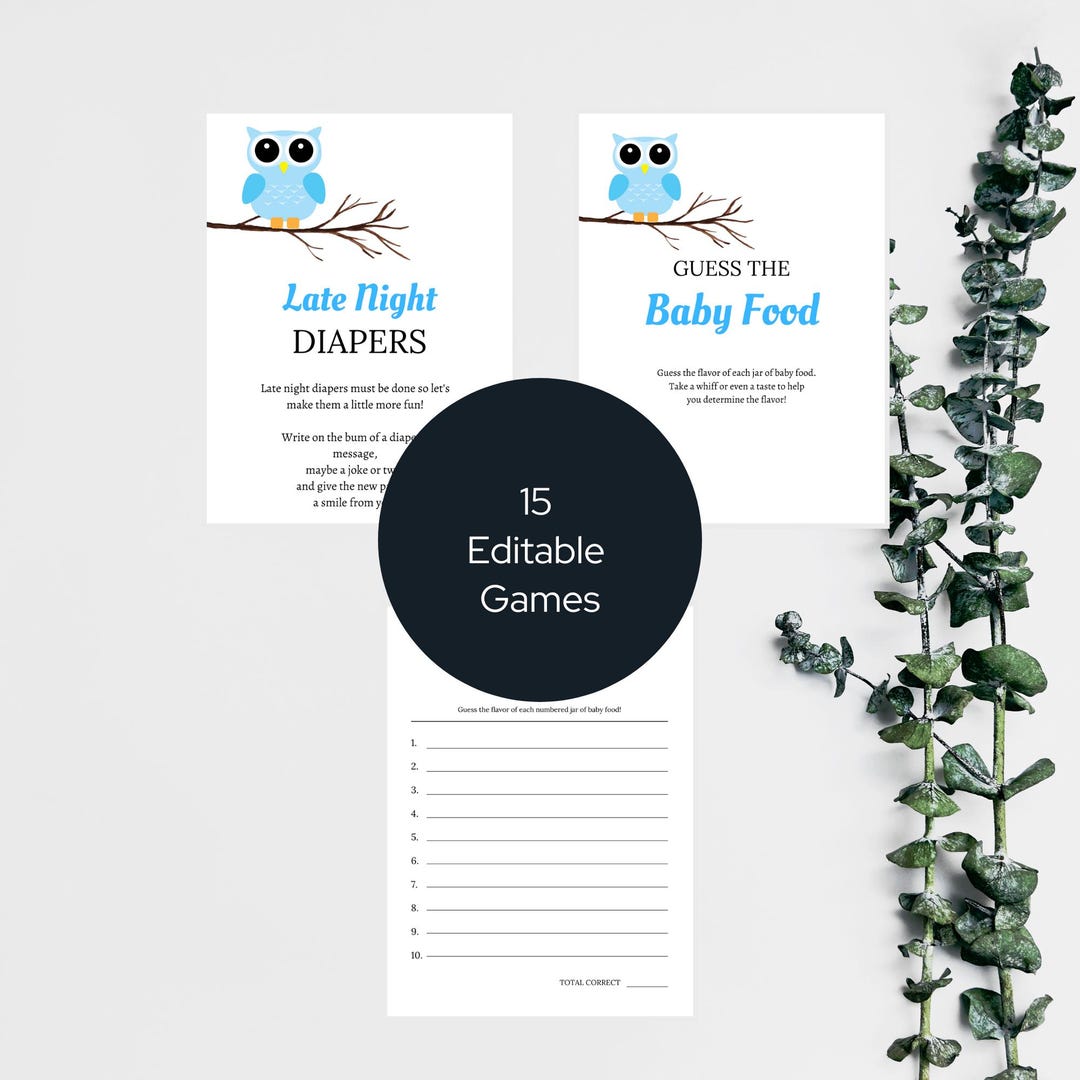 Baby Blue Owl Themed Baby Shower Game Bundle Template, Owl Baby Shower ...