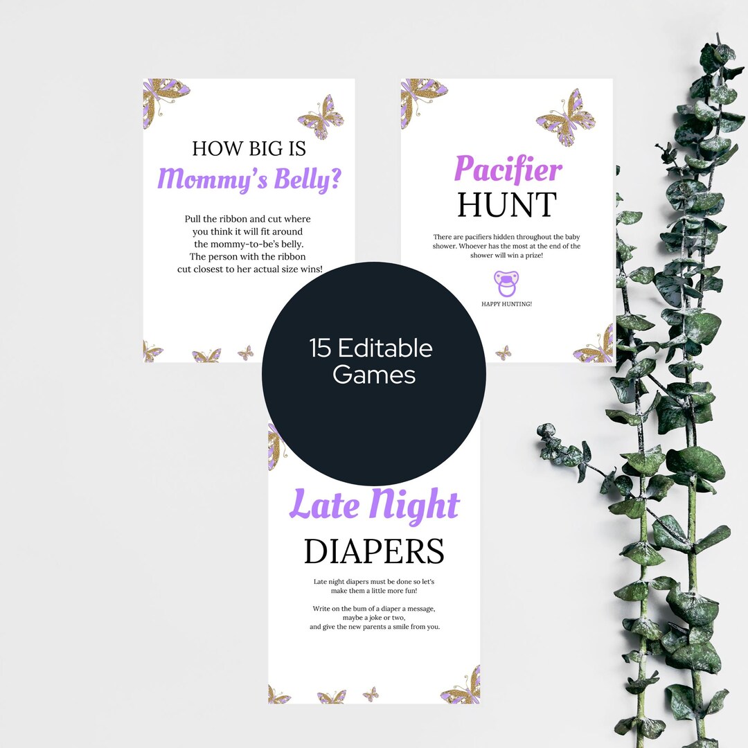 A Little Butterfly Baby Shower Game Bundle Templates, Purple and Gold ...