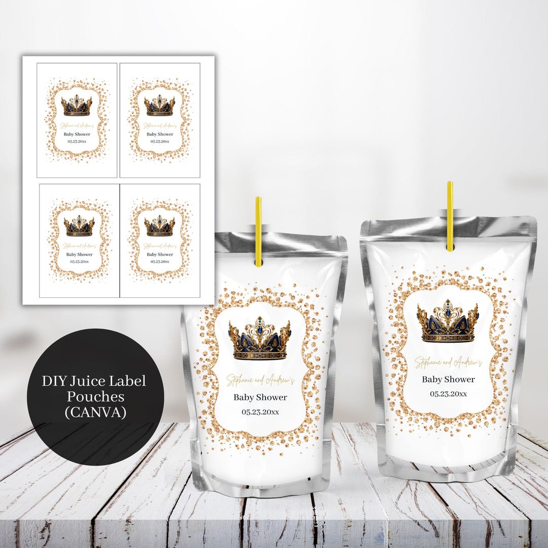 Printable Juice Labels, Prince Baby Shower, Blue and Gold Prince Ornate ...