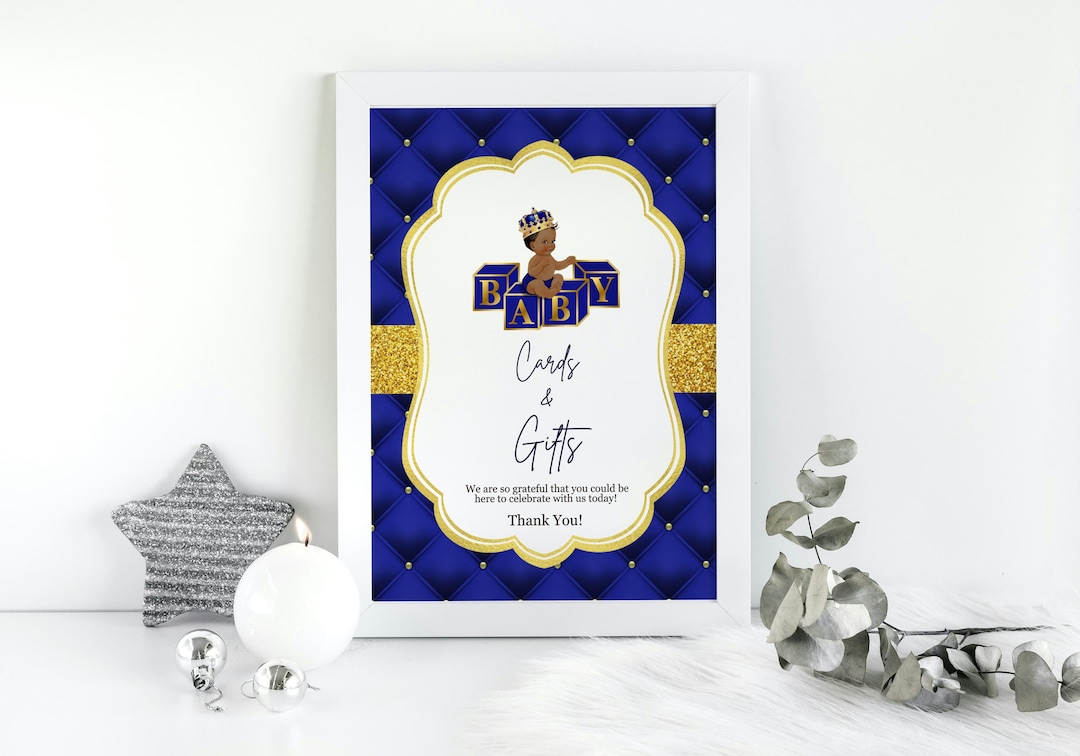 Editable Royal Prince Blue and Gold Cards and Gifts Sign, Baby Shower ...