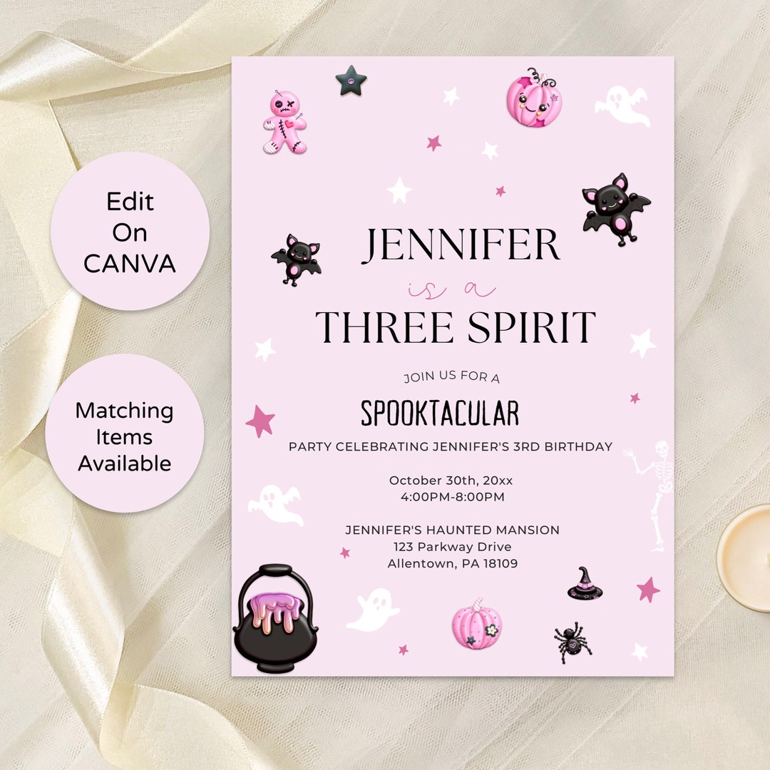 Editable Pink Girly Halloween Birthday Invitation, Pink Ghost Three ...
