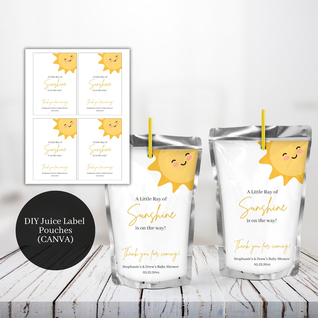 Editable Sunshine Baby Shower Juice Labels, Juice Pouch Labels, Summer ...