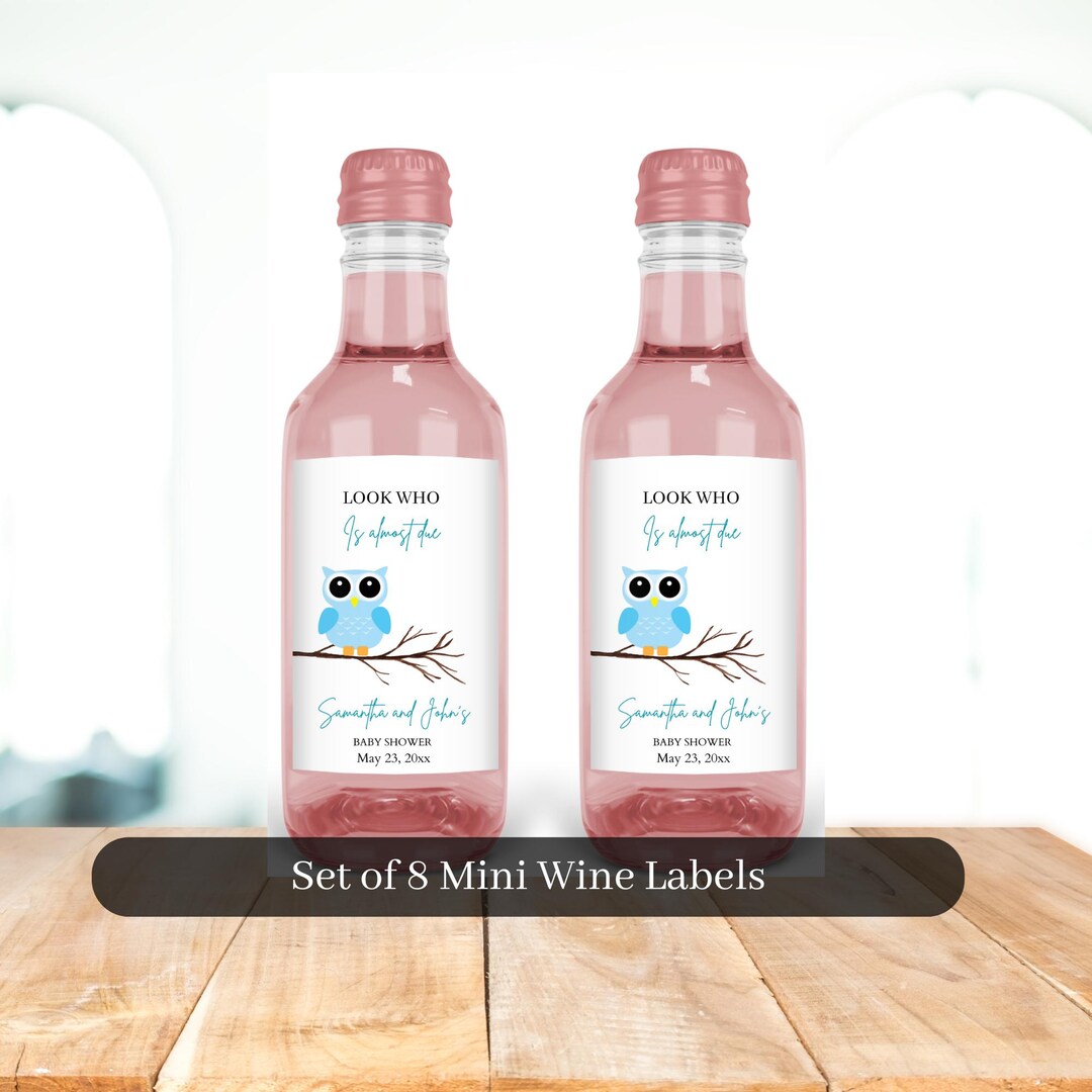 Set of 8 Custom Mini Wine Bottle Labels, Baby Blue Owl Themed Custom ...