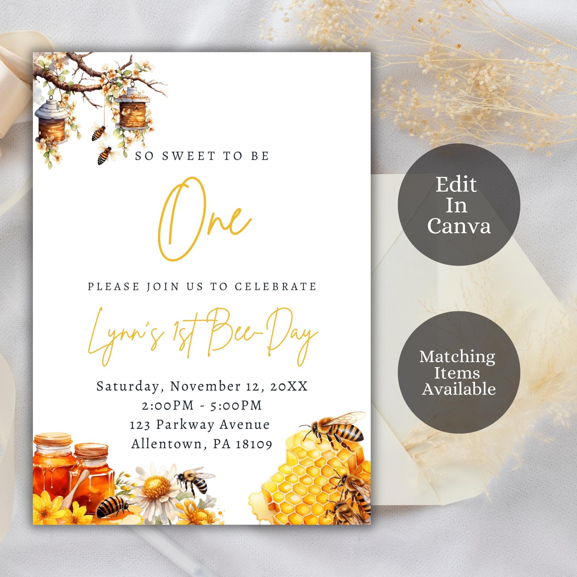 Editable Bee Birthday Invitation Bumble Bee Birthday Party First Bee ...