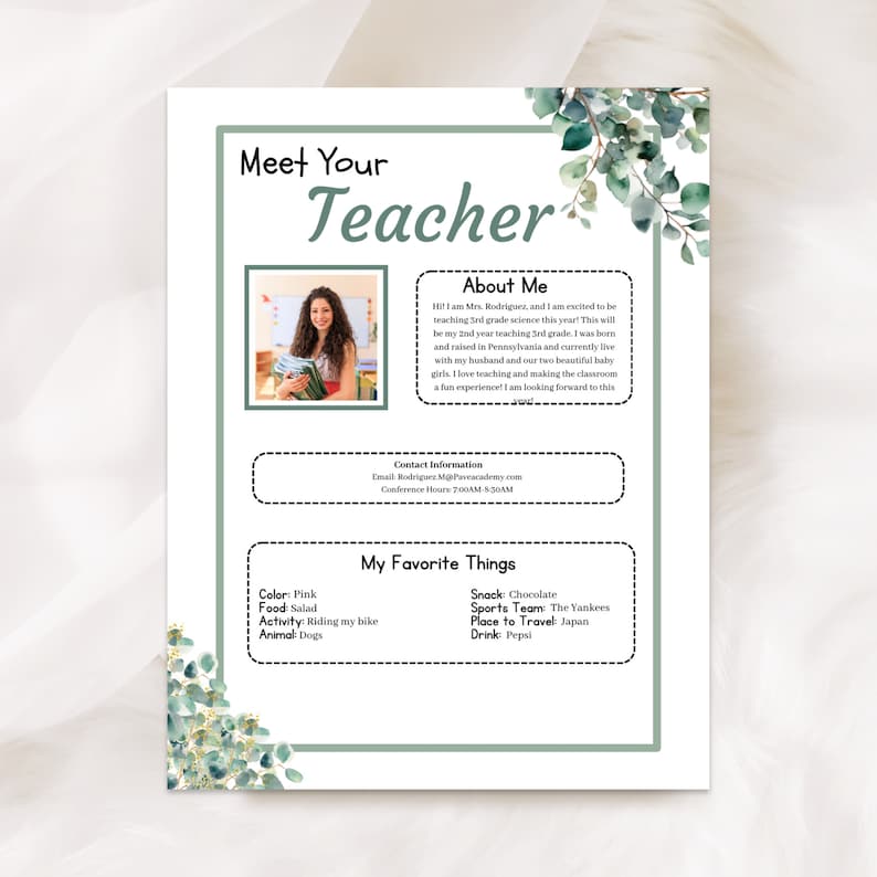 Editable Meet the Teacher Template Printable, Boho Floral Eucalyptus ...