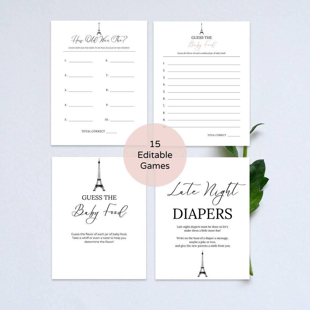Parisian French Themed Baby Shower Game Bundle Template, Minimalist ...