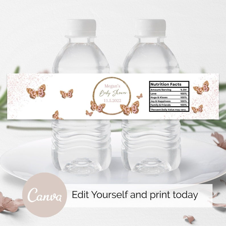 Editable Gold and Pink Butterfly Water Bottle Labels - Etsy