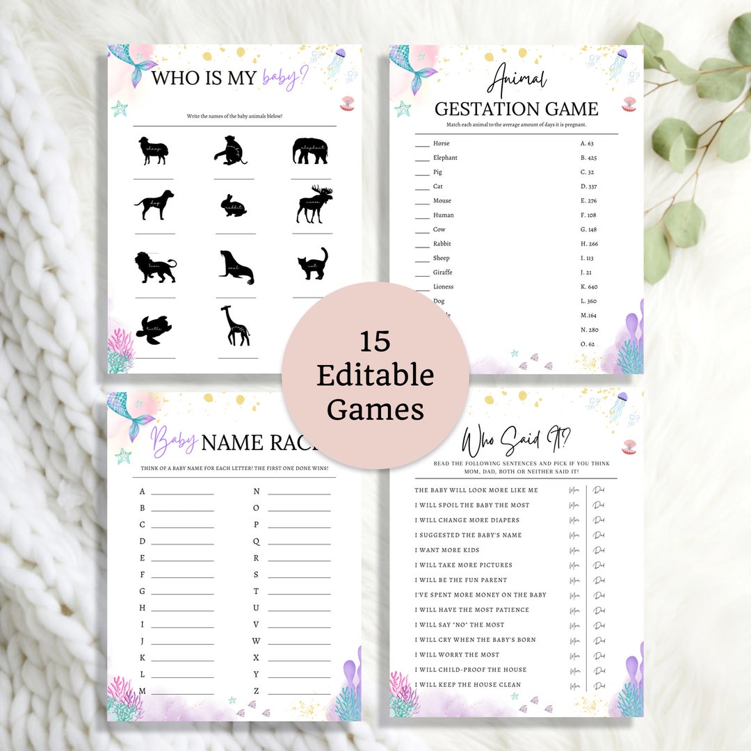 Mermaid Baby Shower Game Bundle Templates, Purple and Pink Baby Girl ...