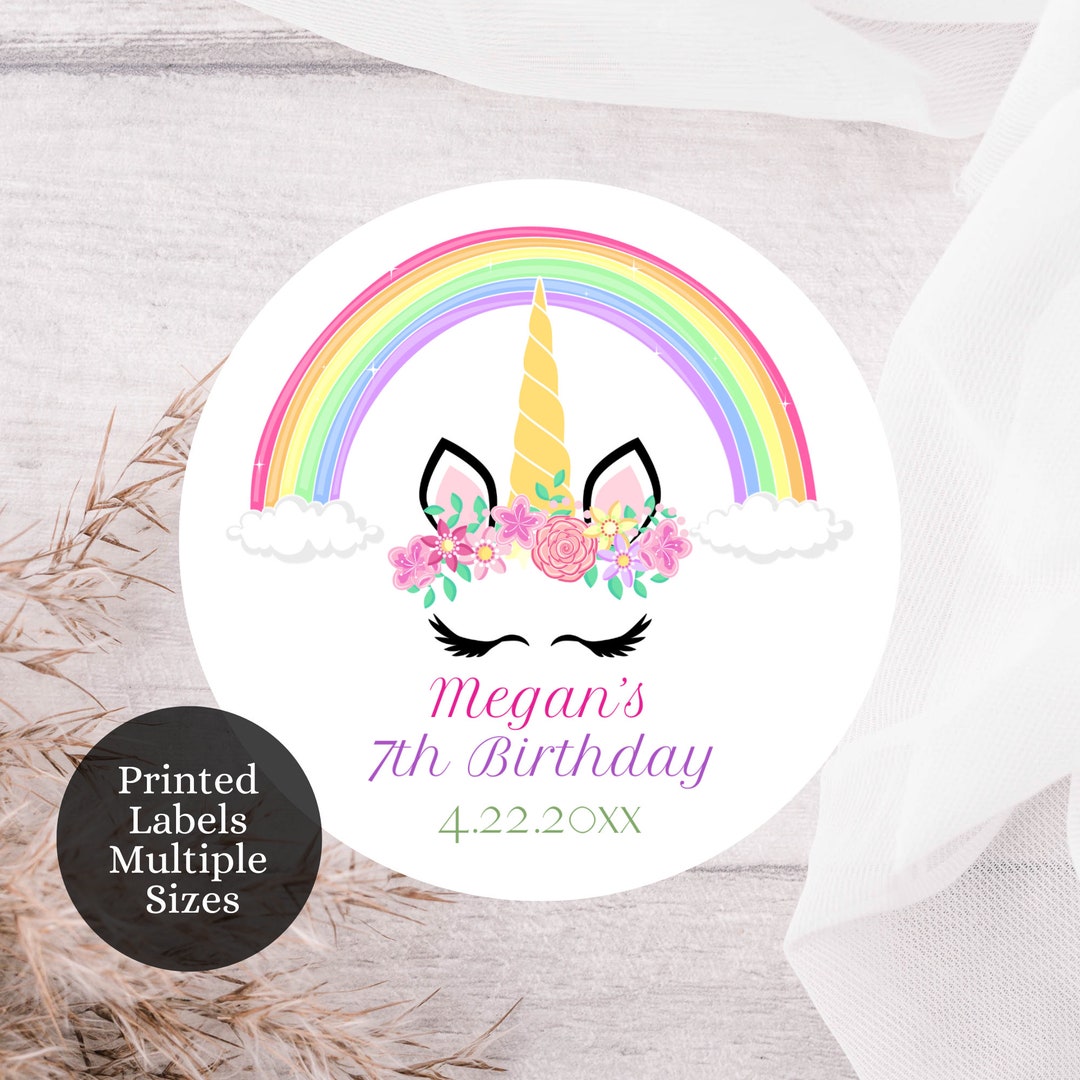 Custom Printed Rainbow Unicorn Birthday Labels, Unicorn Party Stickers ...