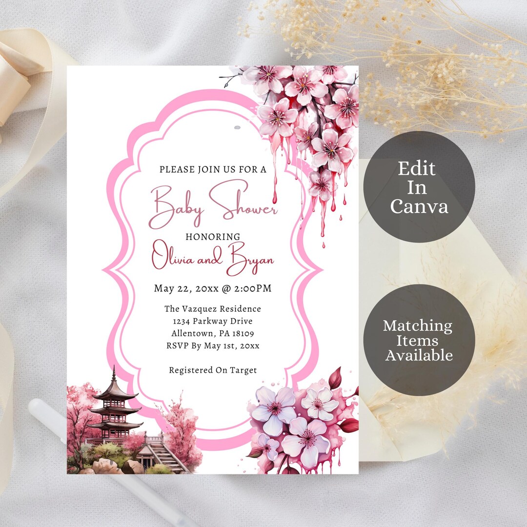 Editable Japanese Cherry Blossoms Baby Shower Invitation, Baby Shower Invitation, Cherry ...