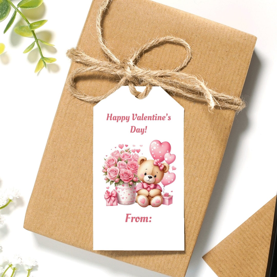 Pink Love Teddy Bear Valentine's Day Gift Tag Labels, Valentine's Day ...